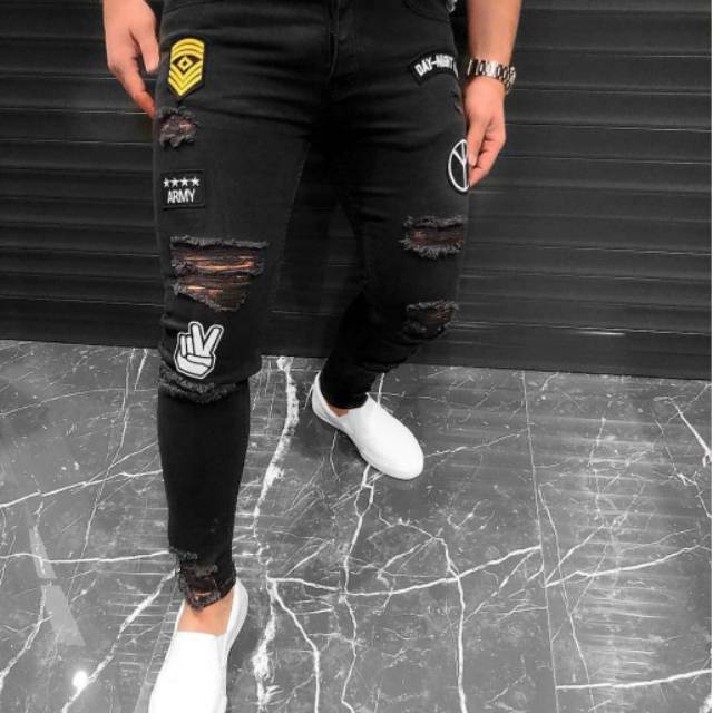 Jeans largos rasgados para hombre emblema Logo bordado Premium Denim ...