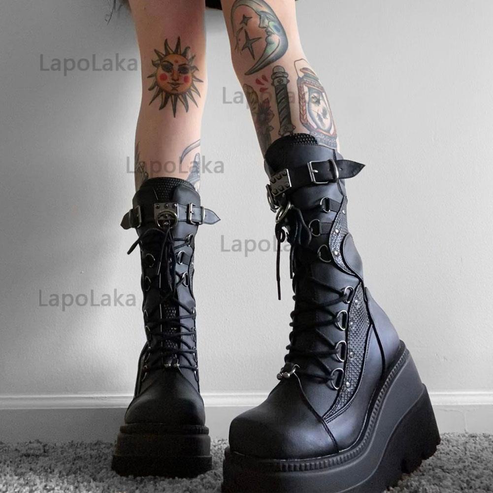 Lapolaka Moda Mujeres Punk Motocicleta Botas Cuñas Super Tacón Alto ...